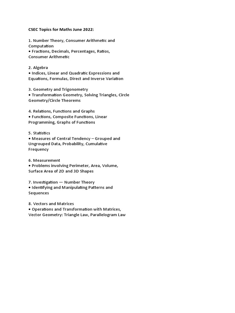 CSEC Topics For Maths | PDF