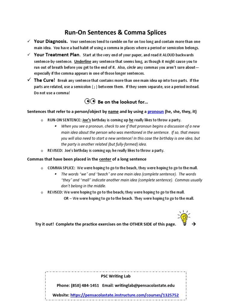 Run-Ons & Comma Splices Handout | PDF | Comma | Orthography