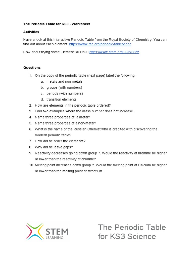 Worksheet Periodic Table ks3 | PDF | Periodic Table | Metals