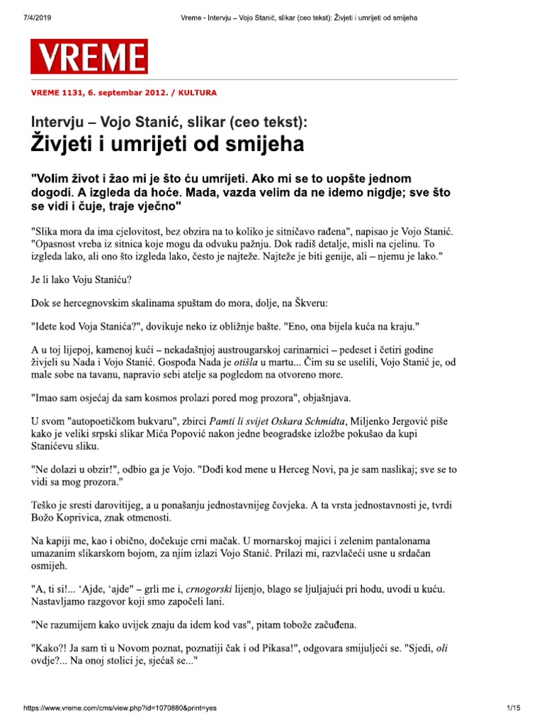Vreme - Intervju - Vojo Stanic, Slikar .. | PDF