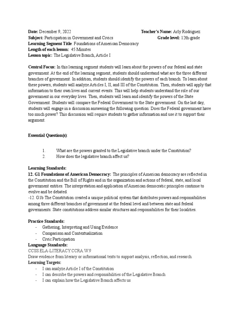 Rodriguez Lesson Plans Foundations of American Democracy | PDF ...
