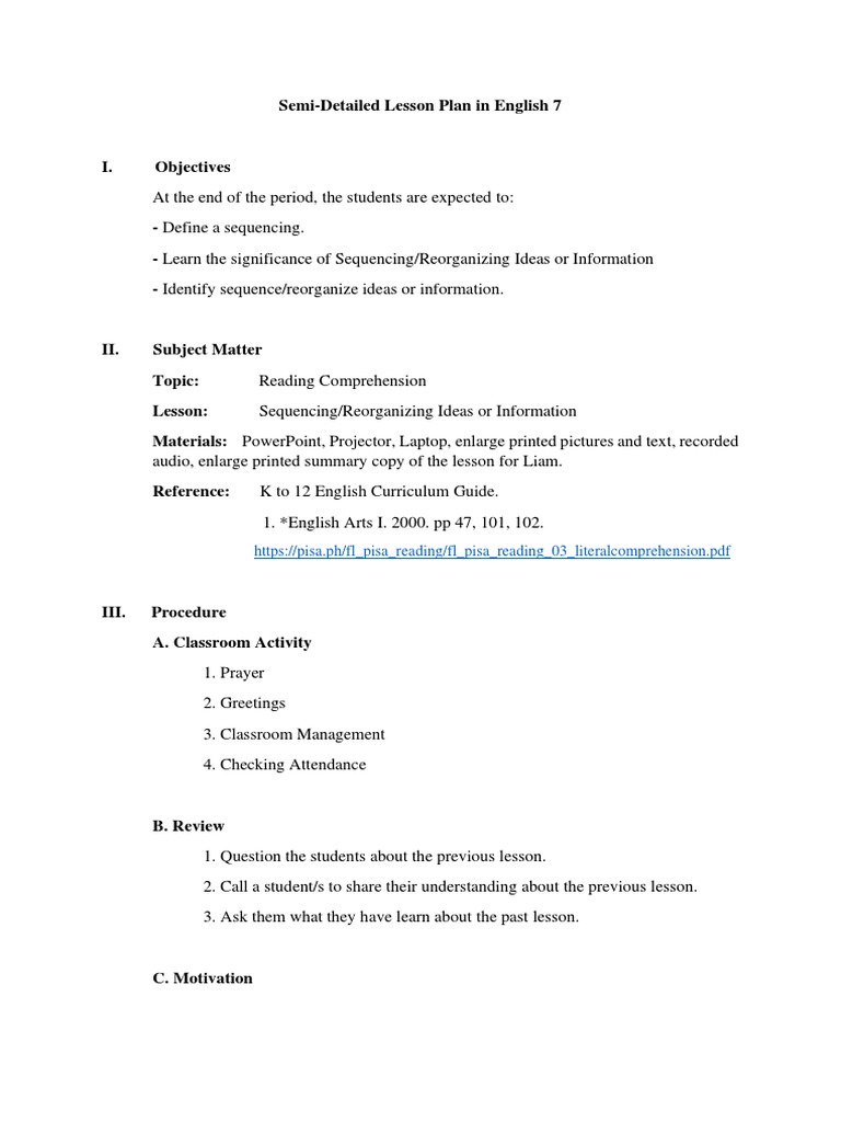 Semi-Detailed Lesson Plan: Sequencing | PDF | Lesson Plan | Reading ...