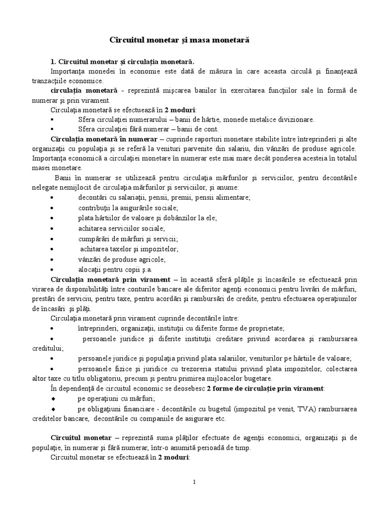 Circuitul Monetar Şi Masa Monetară | PDF
