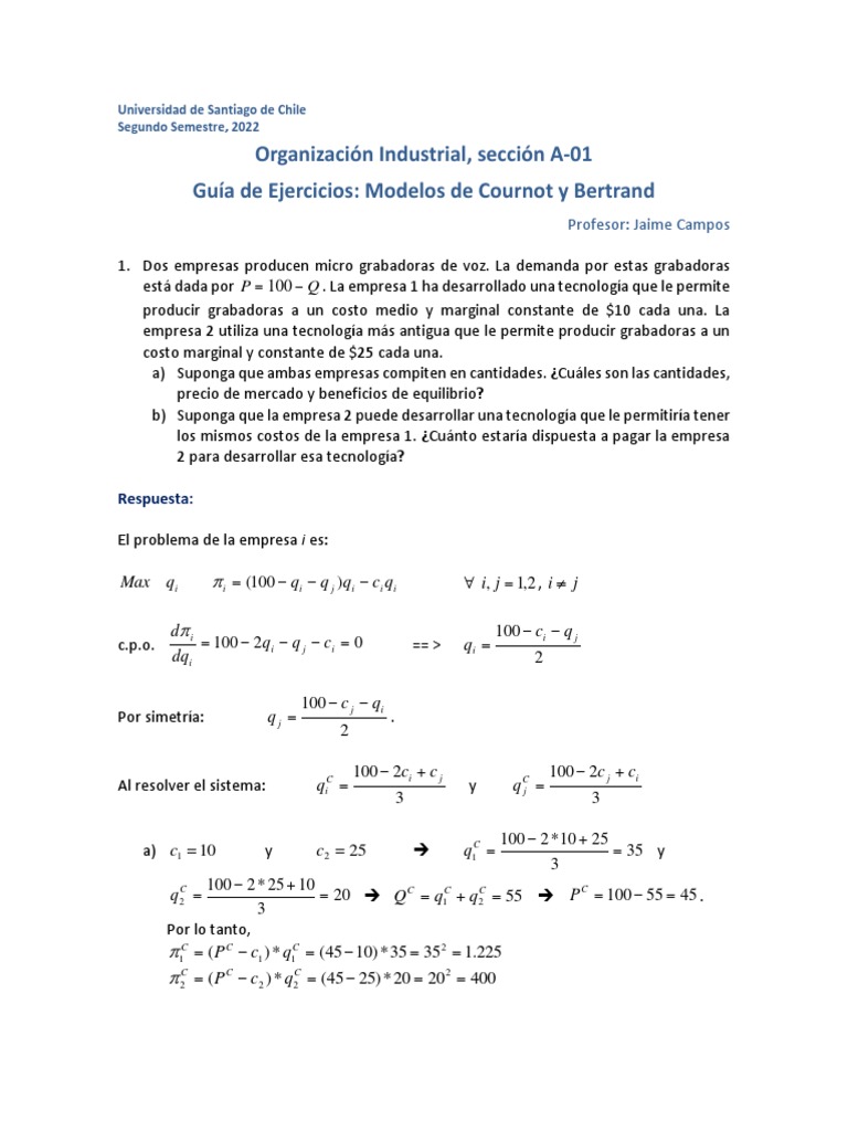 Guia De Ejercicios Modelos De Cournot Y Bertrand Pauta 0 499977 Pdf