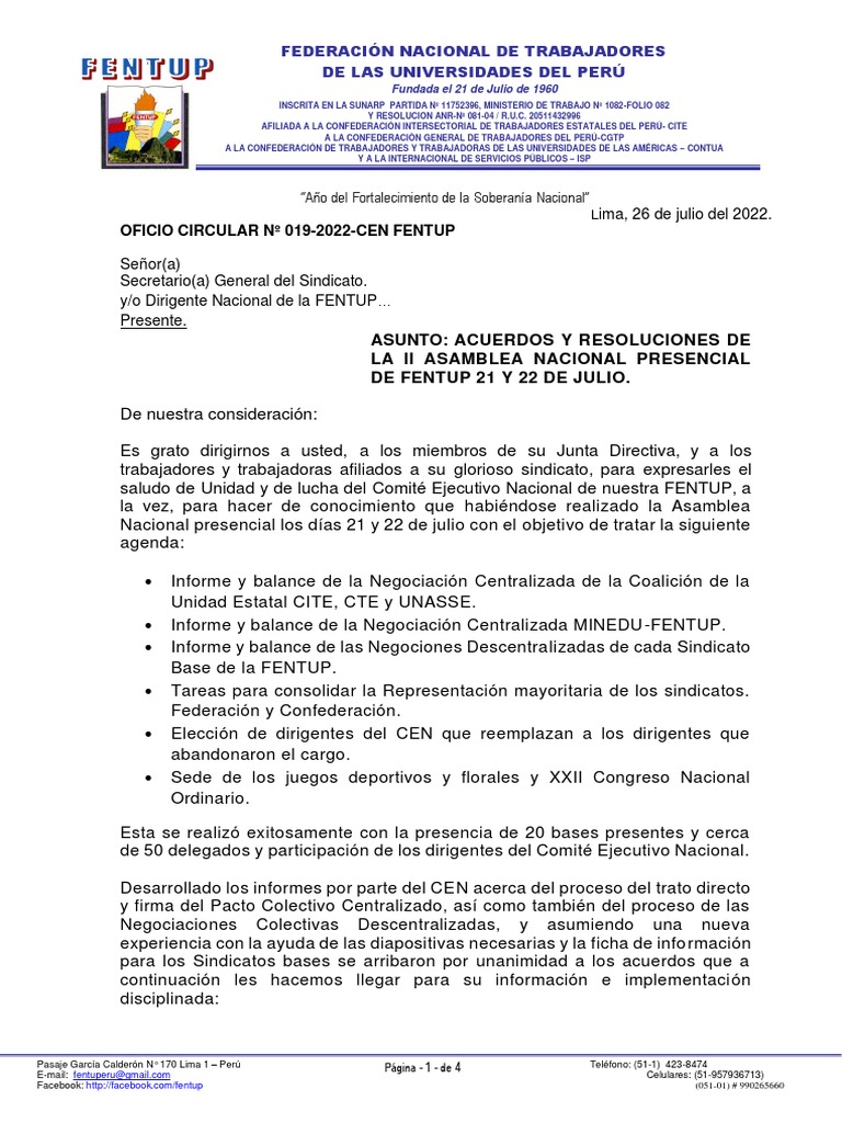 Oficio Circular #019-2022-Cen Fentup | PDF | Perú | Sindicato