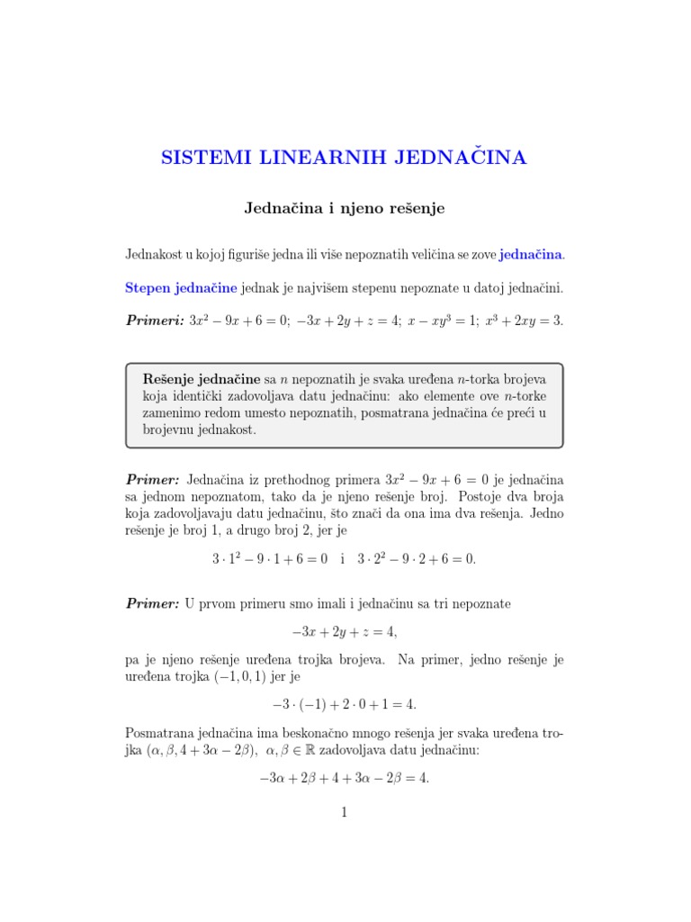 Sistemi Linearnih Jednačina | PDF