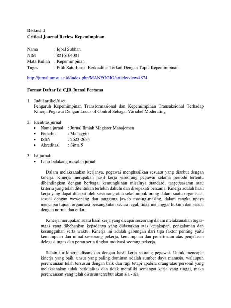 Tugas 4 Iqbal Subhan CJR Kepemimpinan (8216164001) | PDF