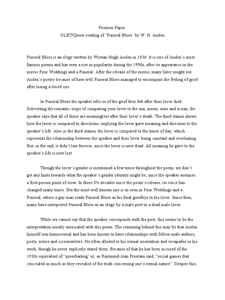 GLBT/Queer Reading of Funeral Blues' by W. H. Auden | PDF