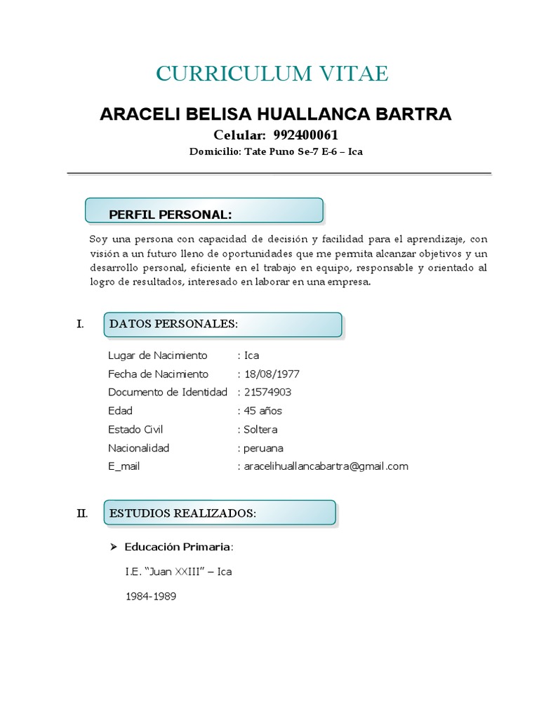 CV Araceli Huallanca: Docente y Capacitadora en Ica | PDF
