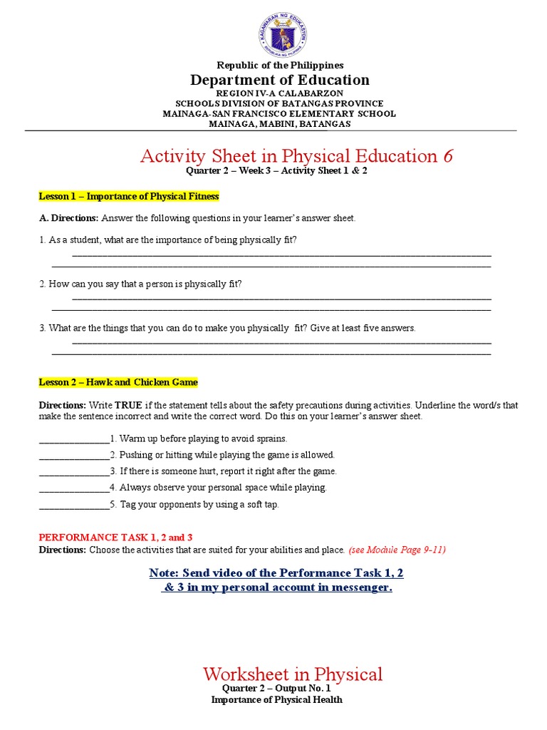Activity Sheet in Physical Education 6 | PDF | Learning | Behavior Modification