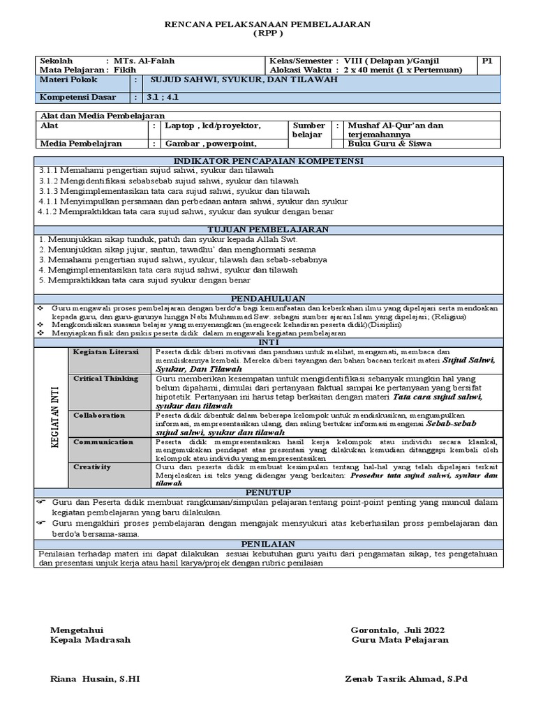 RPP Fikih Kelas 8 SEM 1 | PDF