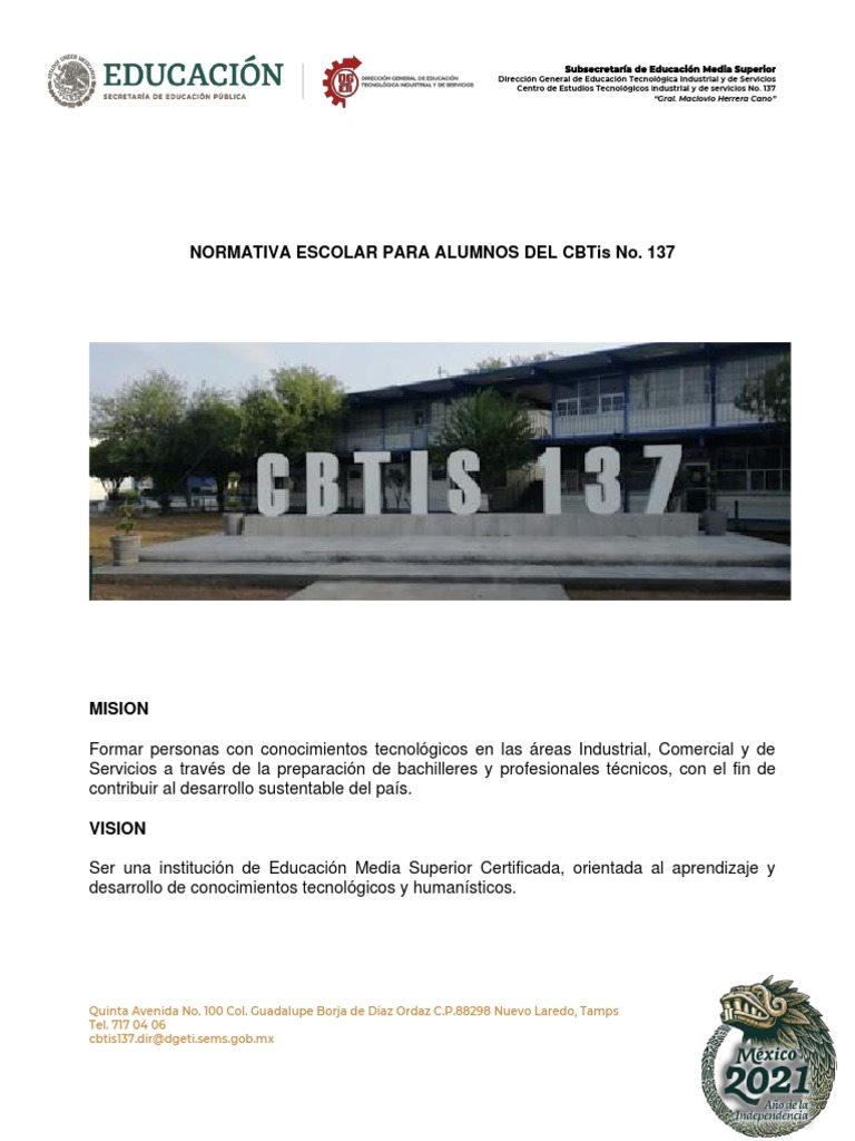 NORMATIVA ESCOLAR PARA ALUMNOS DEL CBTis No. 137 | PDF | Evaluación | Institución