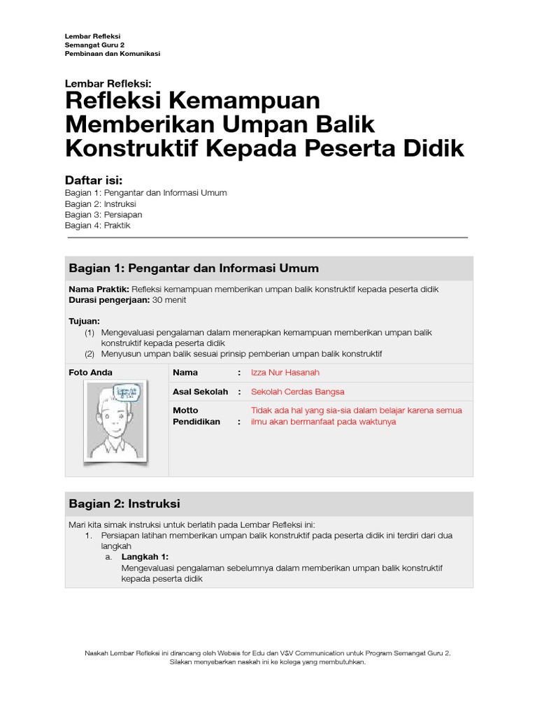(Contoh Isian) Pembinaan - Lembar Refleksi, Refleksi Kemampuan Memberikan Umpan Balik ...
