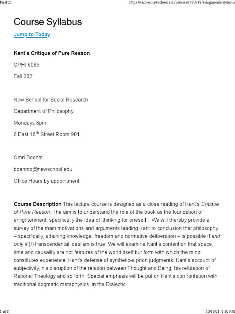 Syllabus - Kant's CPR (2021) | PDF | Immanuel Kant | Academic Dishonesty