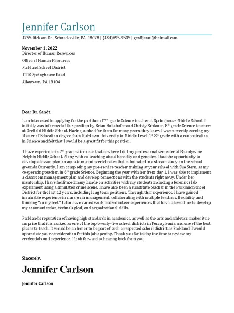 Student Teaching Cover Letter Example | PDF