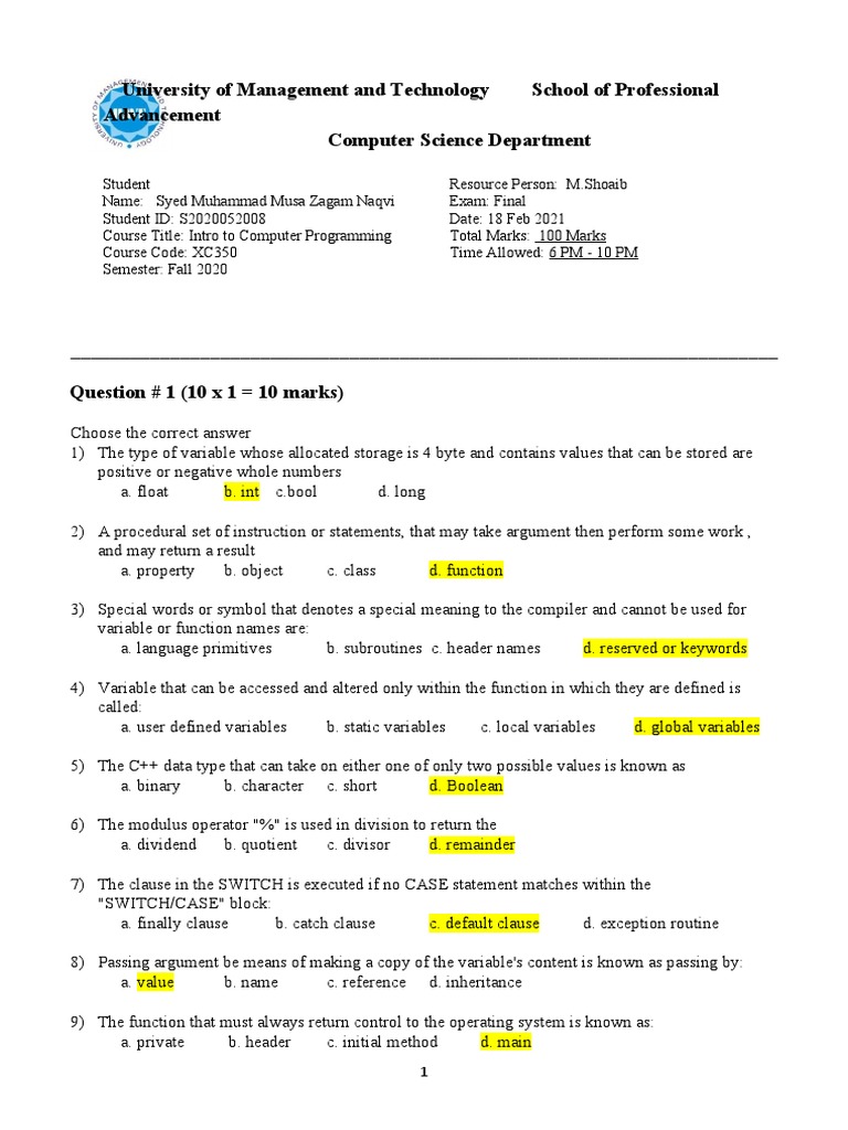 Computer Programming Exam Questions | PDF | Subroutine | Variable ...