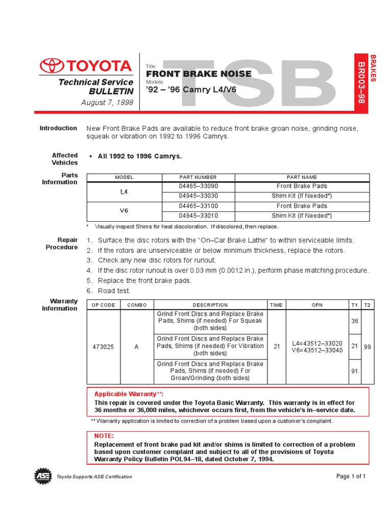 Camry TSB Brake Noise T-BR003-98 | PDF | Brake | Motor Vehicle