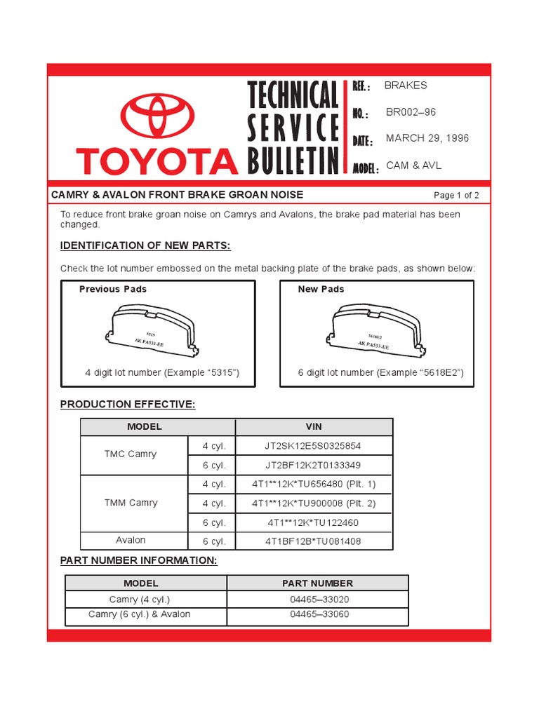 Camry TSB Brake Noise T-BR002-96 | PDF