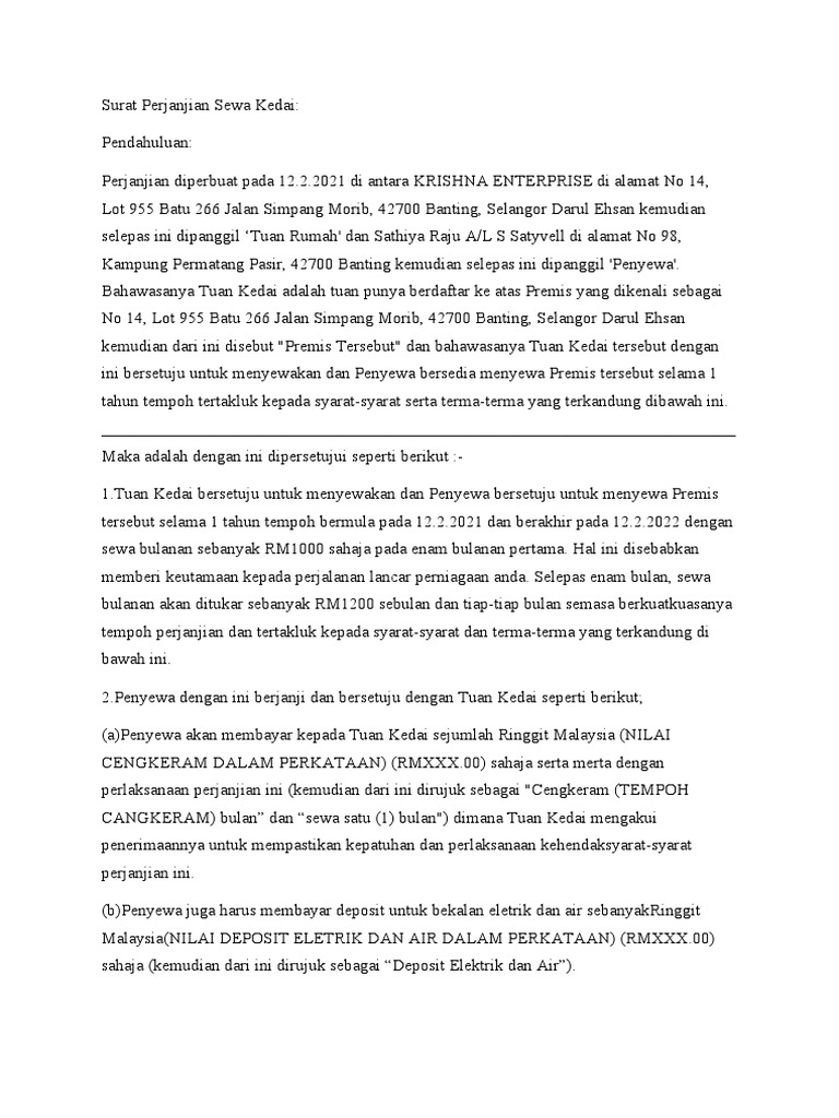 Surat Perjanjian Sewa Kedai Sample Pdf