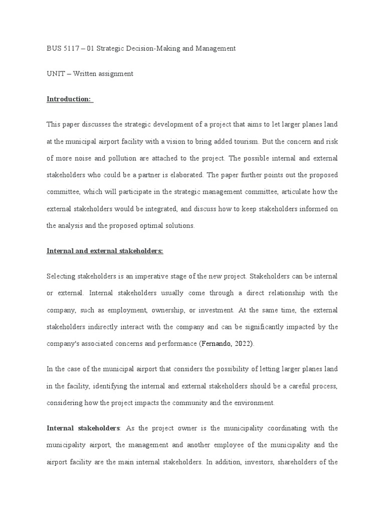 BUS 5117 Written Assignment - Unit 1 | PDF | Strategic Management | Stakeholder (Corporate)