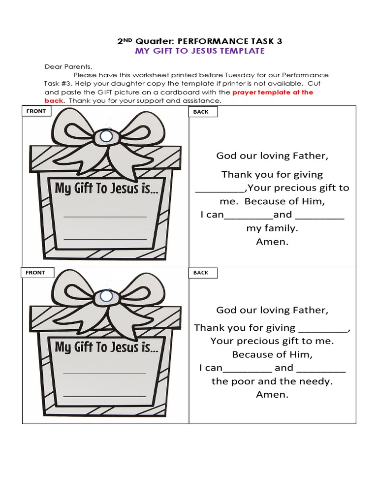 2nd Quarter Performance Task 3 - My Gift To Jesus Template | PDF