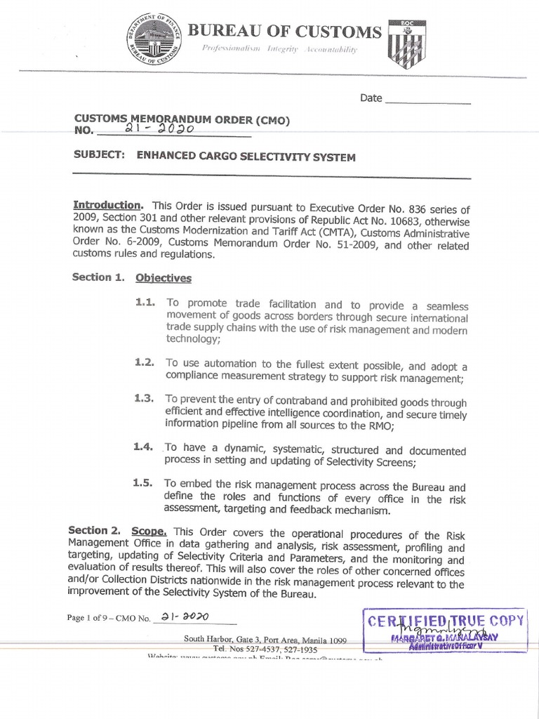 BoC Customs Memorandum Order No 21 2020 | PDF