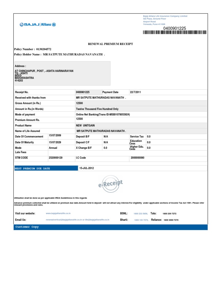 Renewal premium receipt for life insurance policy | PDF