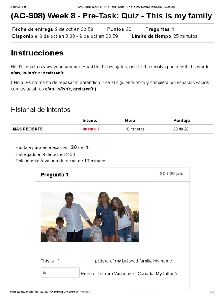 Quiz Semana 8: Mi Familia en Inglés | PDF