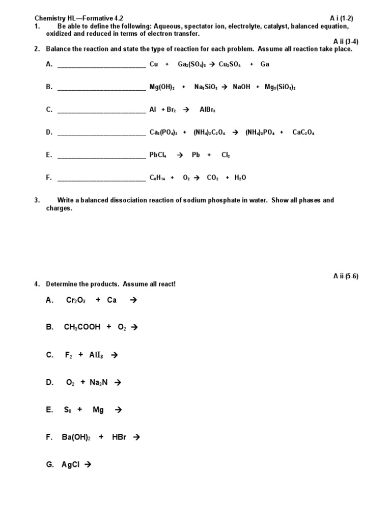Balancing Chemical Reactions: Identifying Types of Reactions, Oxidation ...