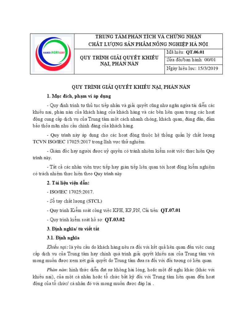 QT. 06.01 Quy Trinh Xem Xet Giai Quyet Khieu Nai Phan Nan111111 | PDF