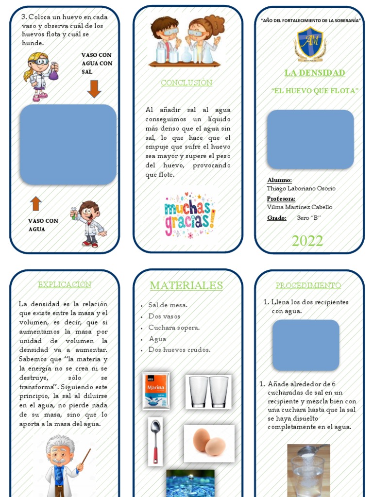 Triptico Experimento Huevo Flotante | PDF | Agua | Cantidades fisicas