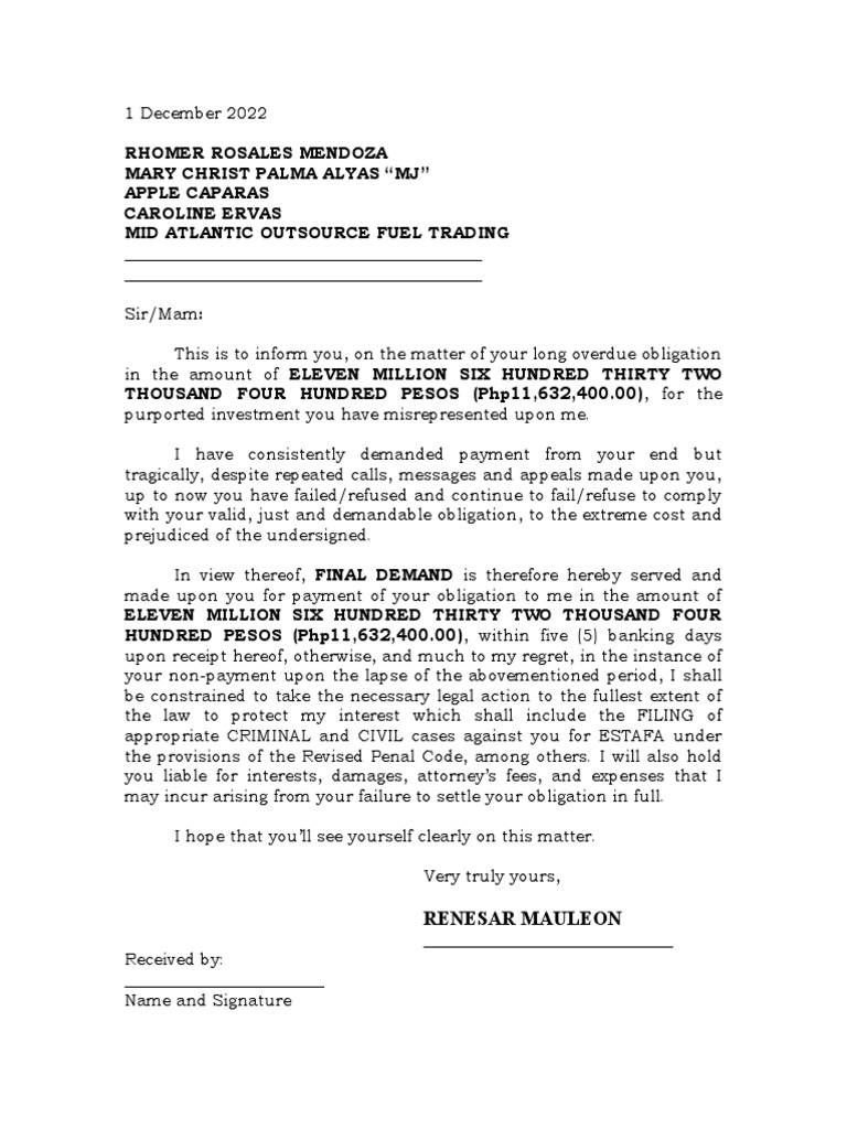 Final Demand for Payment Notice | PDF | Social Science | Law