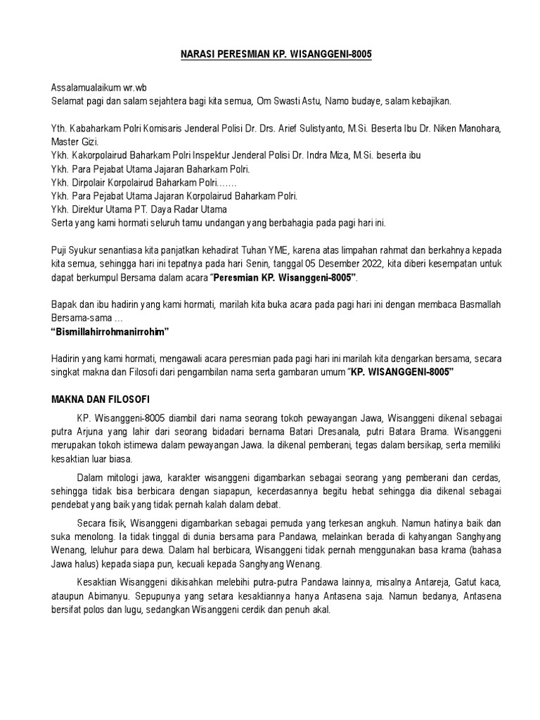 Narasi MC Peresmian KP Wisanggeni 8005 | PDF