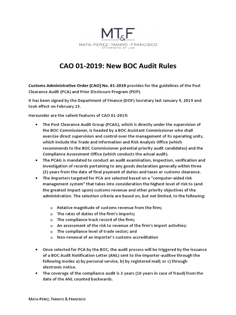 BOC Audit Rules: CAO 01-2019 Overview | PDF | Audit | Customs