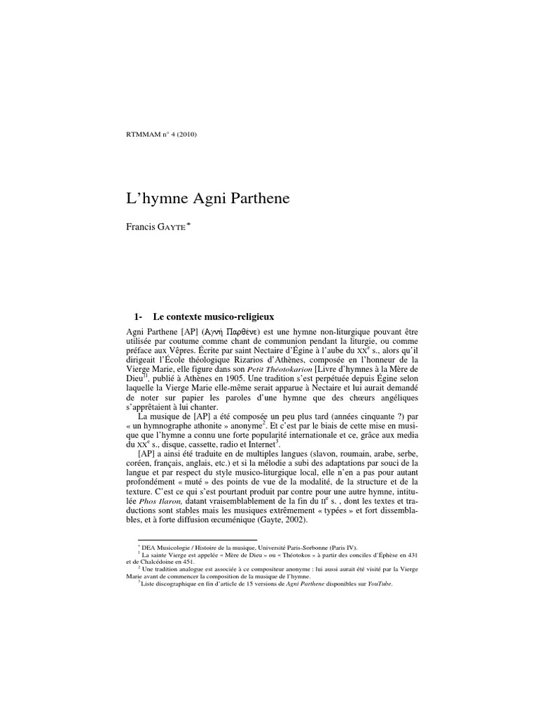 Hymne Agni Parthene : Histoire et Adaptations | PDF | Mode (musique ...