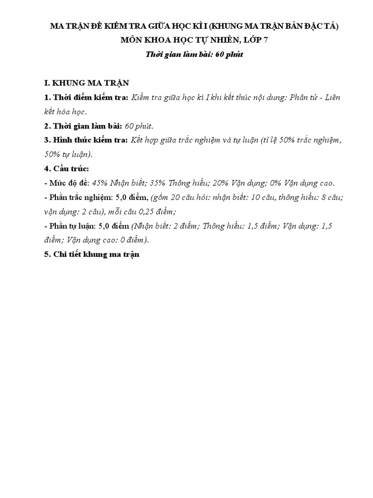 De Thi Giua HKI Lop 7 Mon KHTN Co Ma Tran Va Ban Dac Ta | PDF