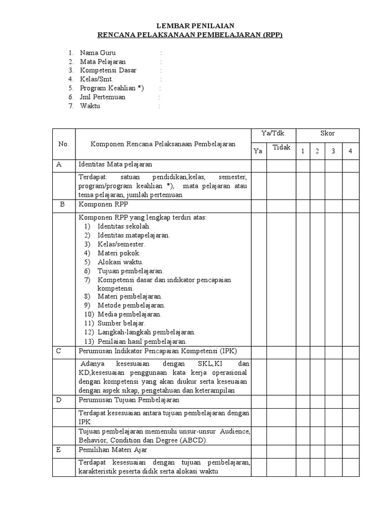 Lembar Penilaian RPP | PDF