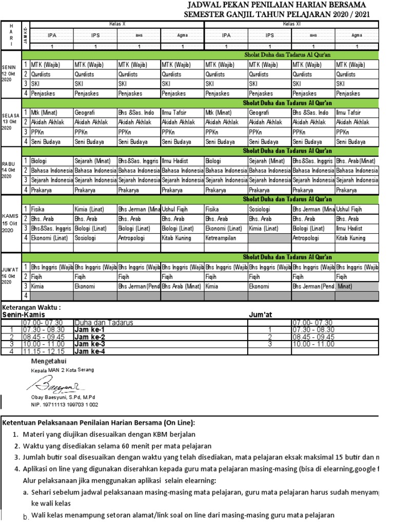 Jadwal Penilaian Harian Bersama 2020 | PDF