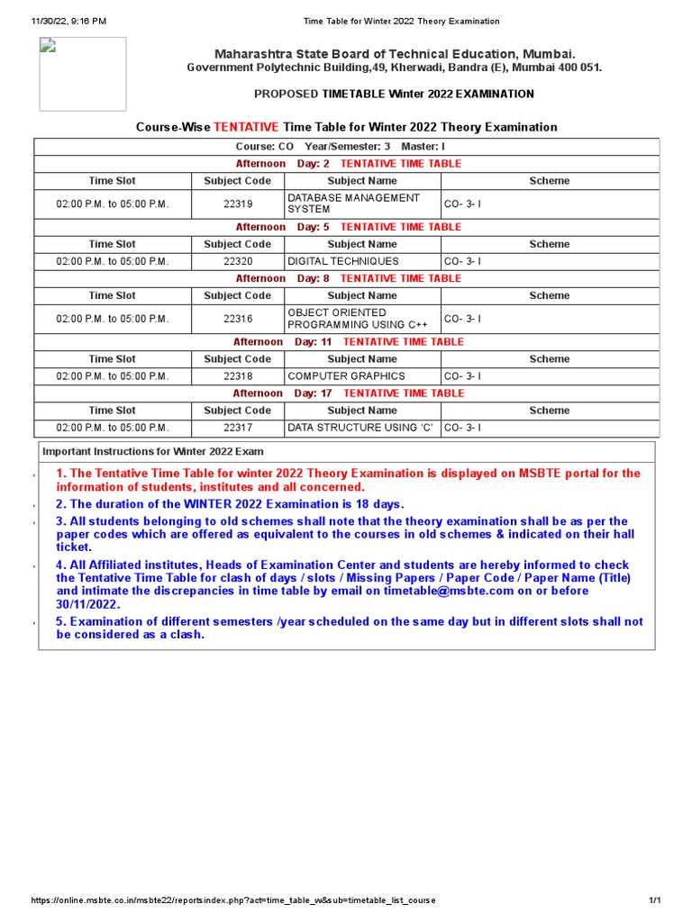 Time Table For Winter 2022 Theory Examination | PDF | Computer Science | Information Age