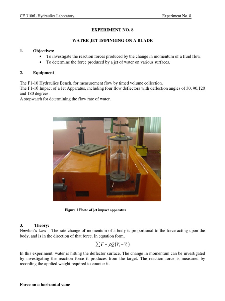 Experiment No. 8 Water Jet Impinging On A Blade | PDF | Force | Momentum