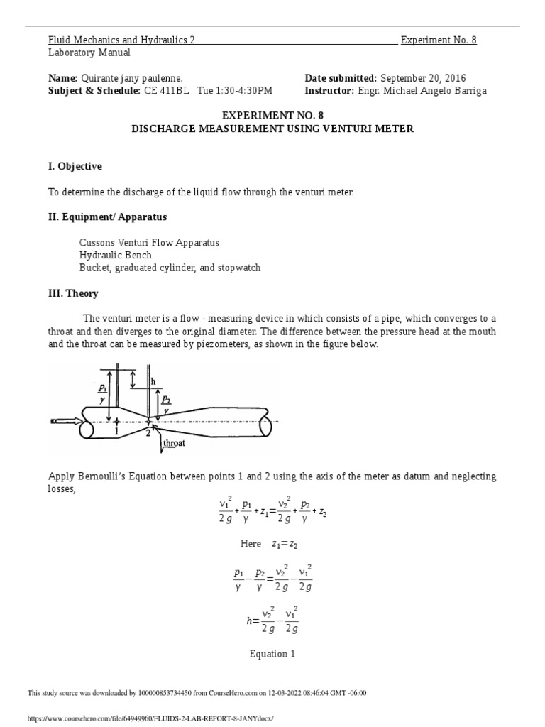 Fluids 2 Lab Report 8 Jany | PDF