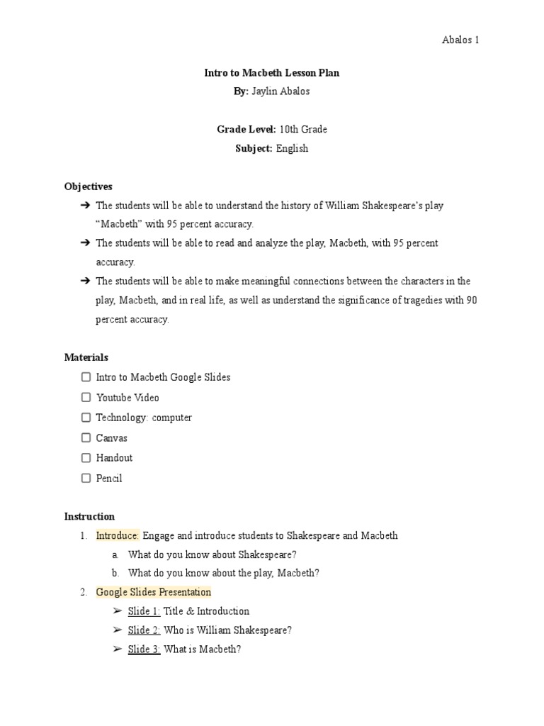 Lesson Plan - Edu 214 - Jaylin Abalos 2022 1 | PDF | Lesson Plan | Macbeth