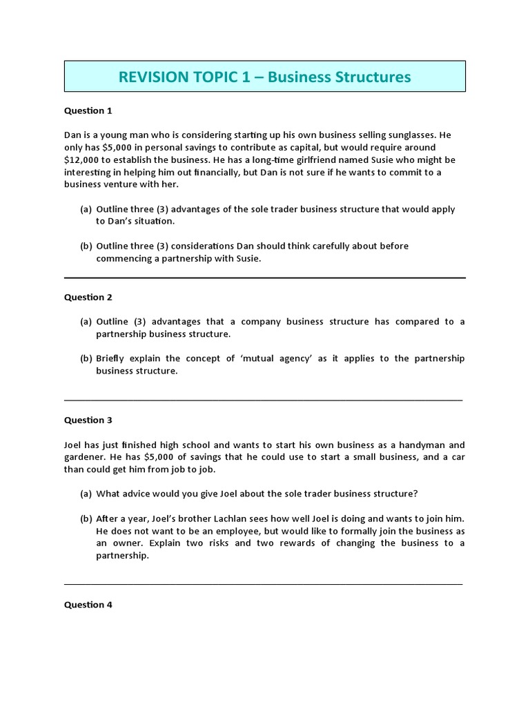 Topic 1 - Business Structures | PDF | Partnership | Sole Proprietorship