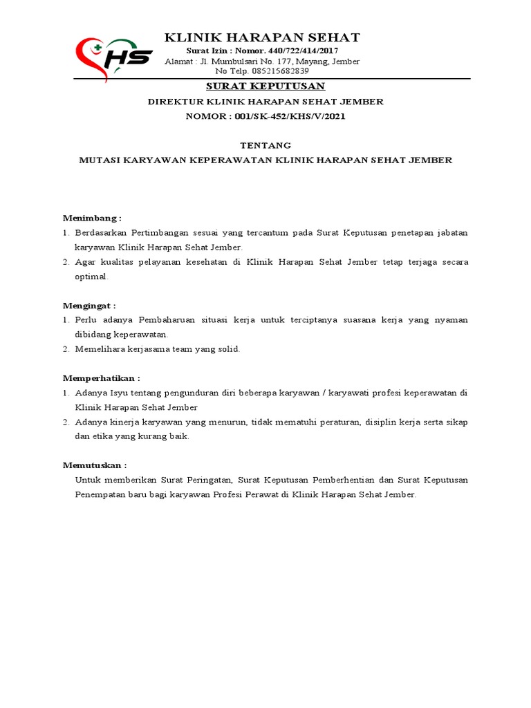 SK Mutasi Karyawan Keperawatan | PDF