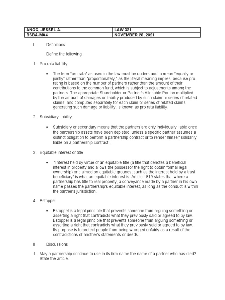 Anoc, Jessel - Law321 - Seatwork | PDF | Partnership | Legal Liability