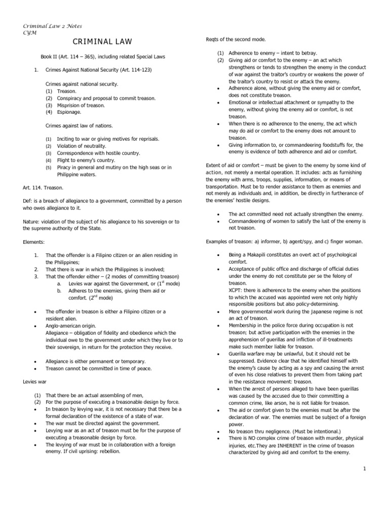 Criminal Law 2 Notes (Final) - Cym | PDF | Torture | Treason
