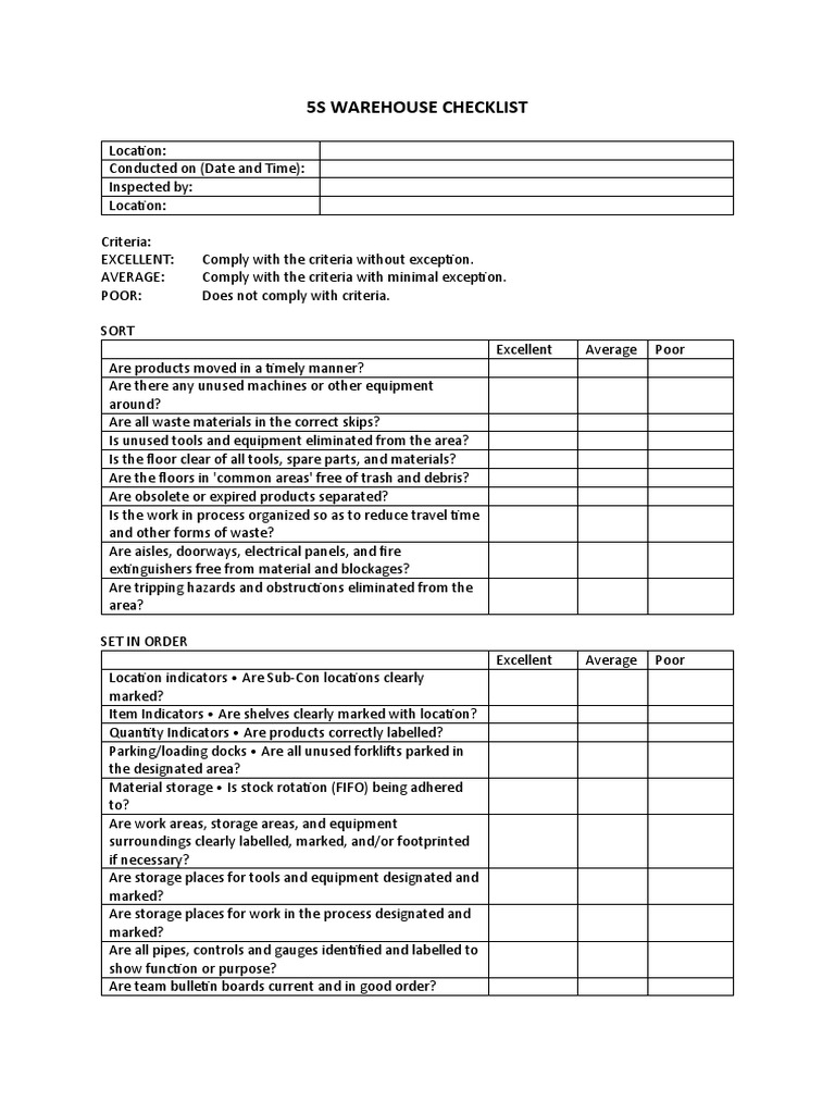 5S Warehouse Checklist | PDF | Warehouse