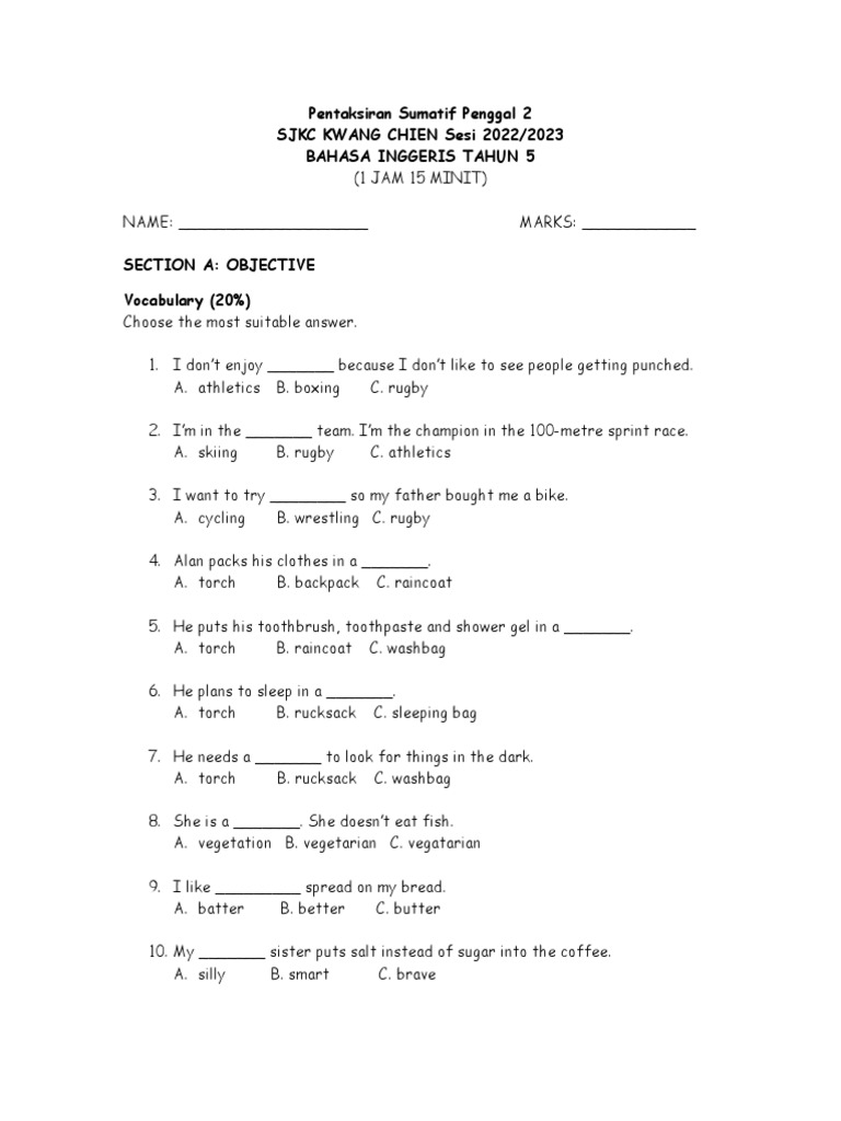 English Year 5 Summative Test 2 | PDF | Backpack