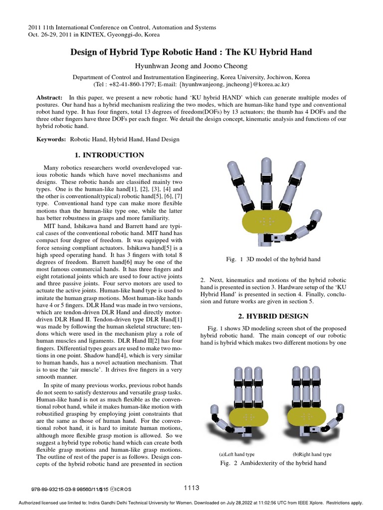 Design of Hybrid Type Robotic Hand - The KU Hybrid HAND | PDF | Hand ...