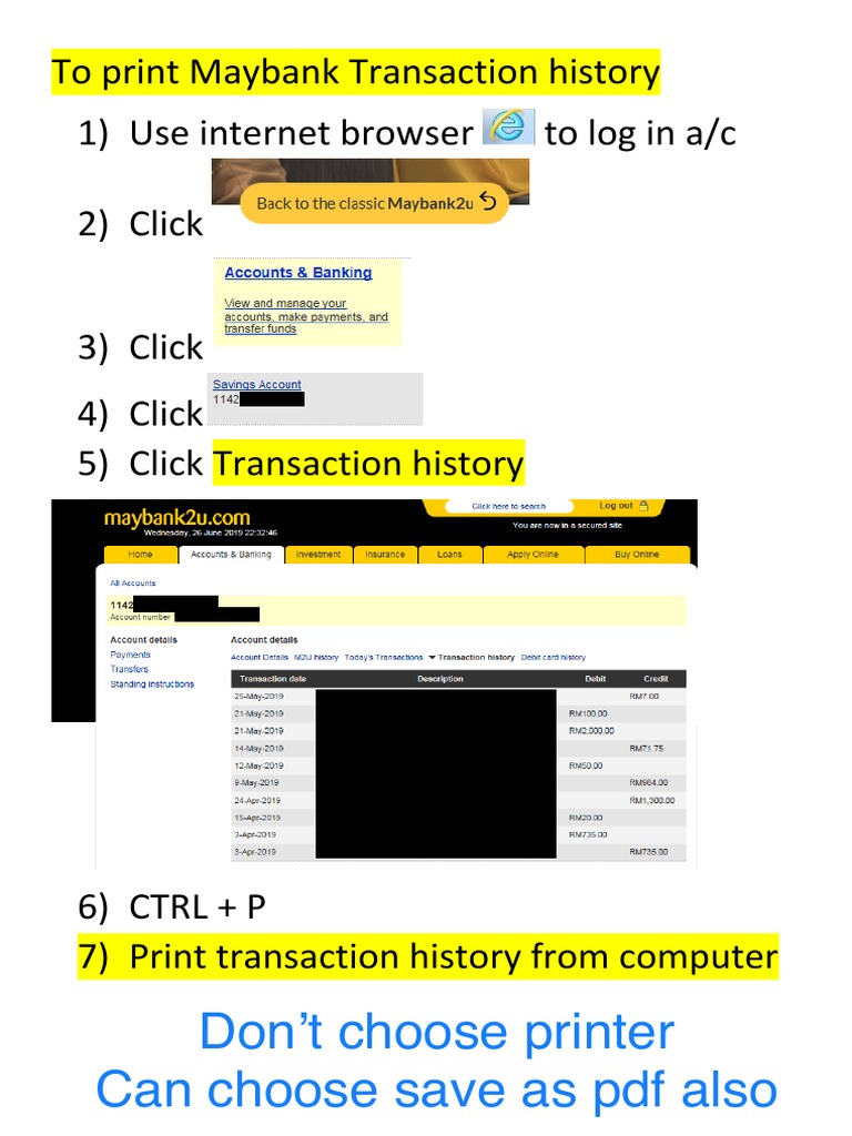 To Print Maybank Transaction History - Steps | PDF